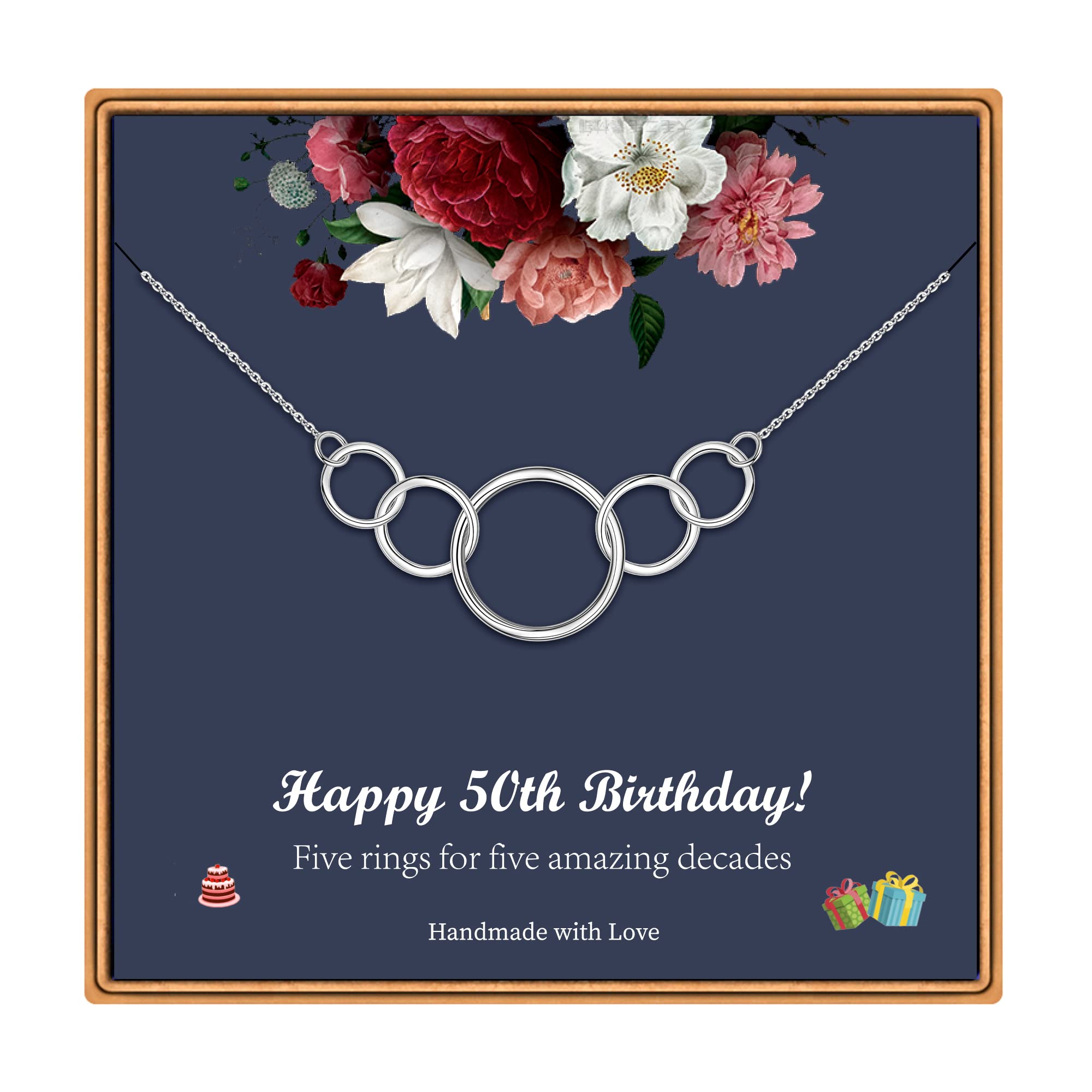 Ieftop 50th Birthday Gifts for Women, Silver Interlocking 5 Circle Necklace Happy Birthday Gifts for Women 50th Birthday Gifts for Friends Female Mom Sister Wife