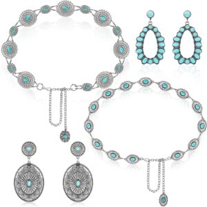 4 pcs turquoise concho chain belt with bohemian dangle metal large oval earring, women concho adjustable belts western turquoise earrings for women