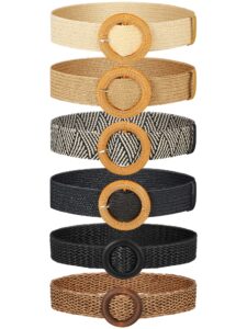 geyoga 6 pack women straw belt woven elastic stretch waist belt skinny braided waist belt boho rattan belts with wood buckle belts for women dress belt, 2 sizes