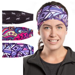 headbands for women, poly jersey stretchy with upf 30 sportswear wide hair wrap suitable for under bike helmets, riding helmets, yoga, jogging, hiking (3 pack, poly jersey patterns)