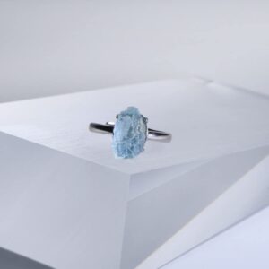 Sundarwald Small Aquamarine Raw Gemstone Varnished Brass Ring Adjustable for Women Men Unisex White Blue Stones Natural March Birthstone Slim Band Unique Simple Gifts