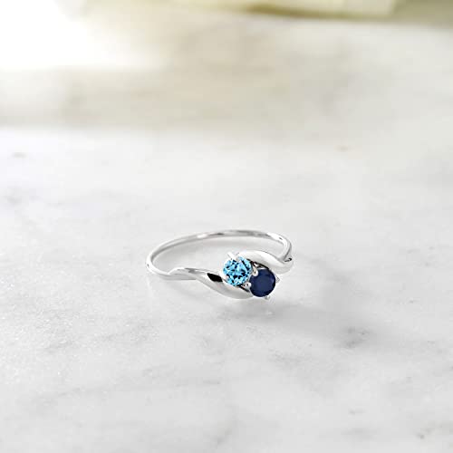 Gem Stone King 0.42 Ct Round Swiss Blue Topaz Blue Sapphire 10K White Gold Ring (Size 6)