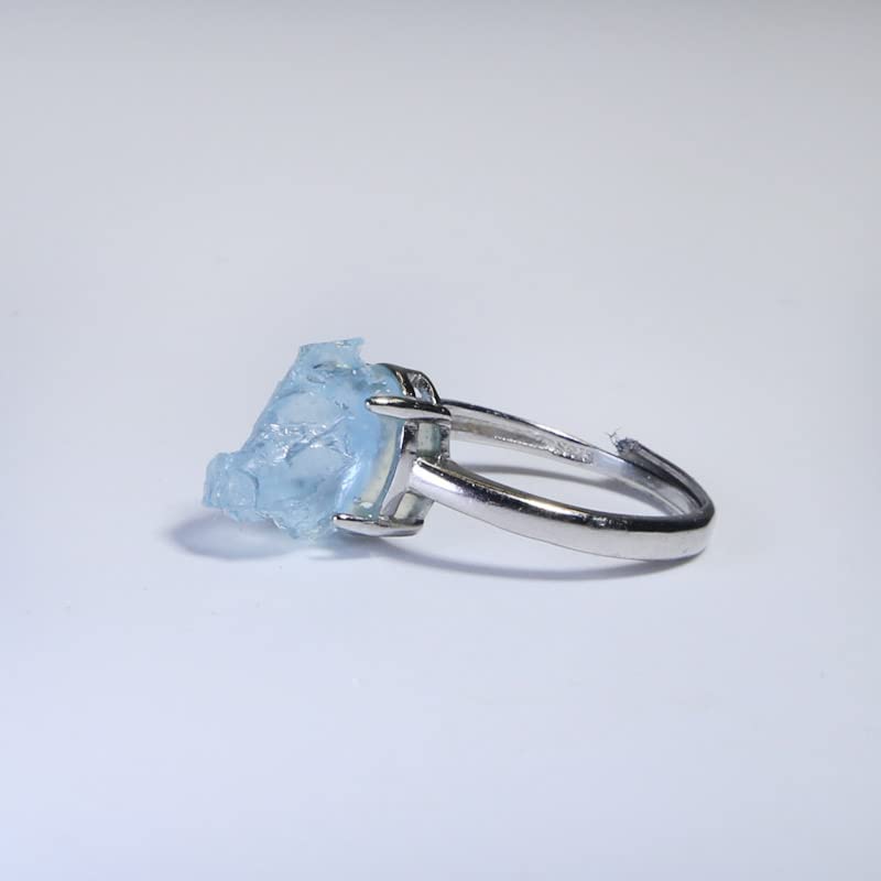 Sundarwald Small Aquamarine Raw Gemstone Varnished Brass Ring Adjustable for Women Men Unisex White Blue Stones Natural March Birthstone Slim Band Unique Simple Gifts