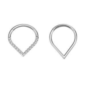 2pcs septum jewelry teardrop nose ring daith crystal earring 316l surgical steel hinged segment hoop septum clicker helix cartilage tragus piercing jewelry for women-silver