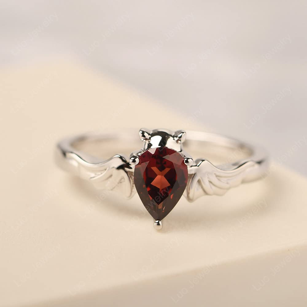 LUO S925 Sterling Silver 1.01 ct Garnet Ring Pear Shaped Unique Vampire Bat Ring Animal Promise Ring Statement Ring Gifts for Women US Size 8.5