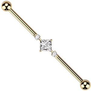 covet jewelry titanium internally threaded industrial barbell with 2 round cz and square center (gold/clear)