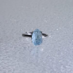 Sundarwald Small Aquamarine Raw Gemstone Varnished Brass Ring Adjustable for Women Men Unisex White Blue Stones Natural March Birthstone Slim Band Unique Simple Gifts