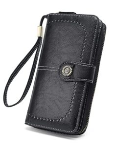 jjuq womens wallet leather large capacity card holder zipper wristlet wallets for women-black