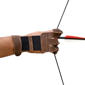 valhalla gear, three-finger archery glove, bow and arrow shooting, target practice, accessory for archers, protection for wrist & fingers, full grain leather, handmade, bourbon brown