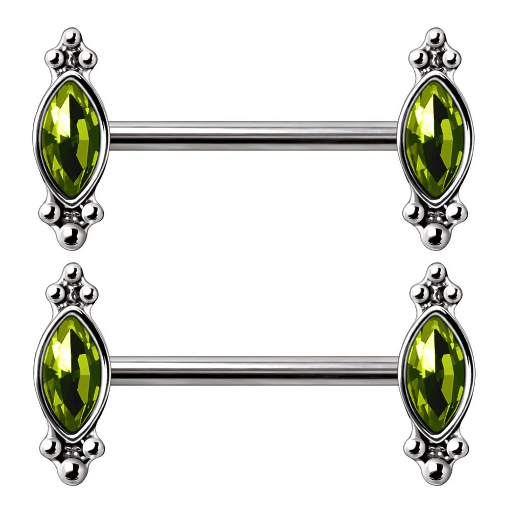 Pierced Owl 14GA 316L Stainless Steel Green Ornate CZ Crystal Nipple Barbells, Sold as a Pair