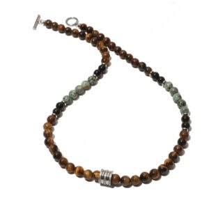 hovaete 8mm natural stone beads short necklace stainless steel beaded charm choker neck chain fashion men and women jewelry 21.7 inch(55cm) (tiger eye+black onyx+african turquoise)