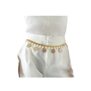 pearl tassel belly chain retro gold coin adjustable chunky body chains layered nightclub waist chain jewelry for women & girls, one size