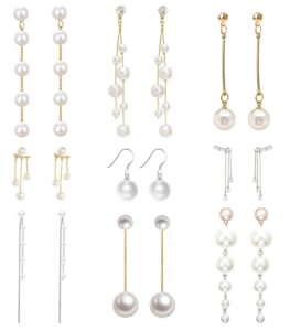 samoco 9 pairs big simulated pearl long tassel drop earrings for women double sided front back pearl earrings cross imitation pearl dangle earrings