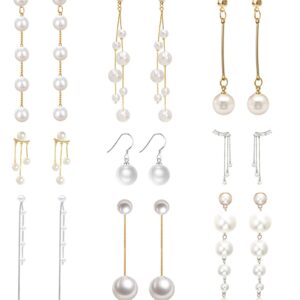 SAMOCO 9 Pairs Big Simulated Pearl Long Tassel Drop Earrings for Women Double Sided Front Back Pearl Earrings Cross Imitation Pearl Dangle Earrings