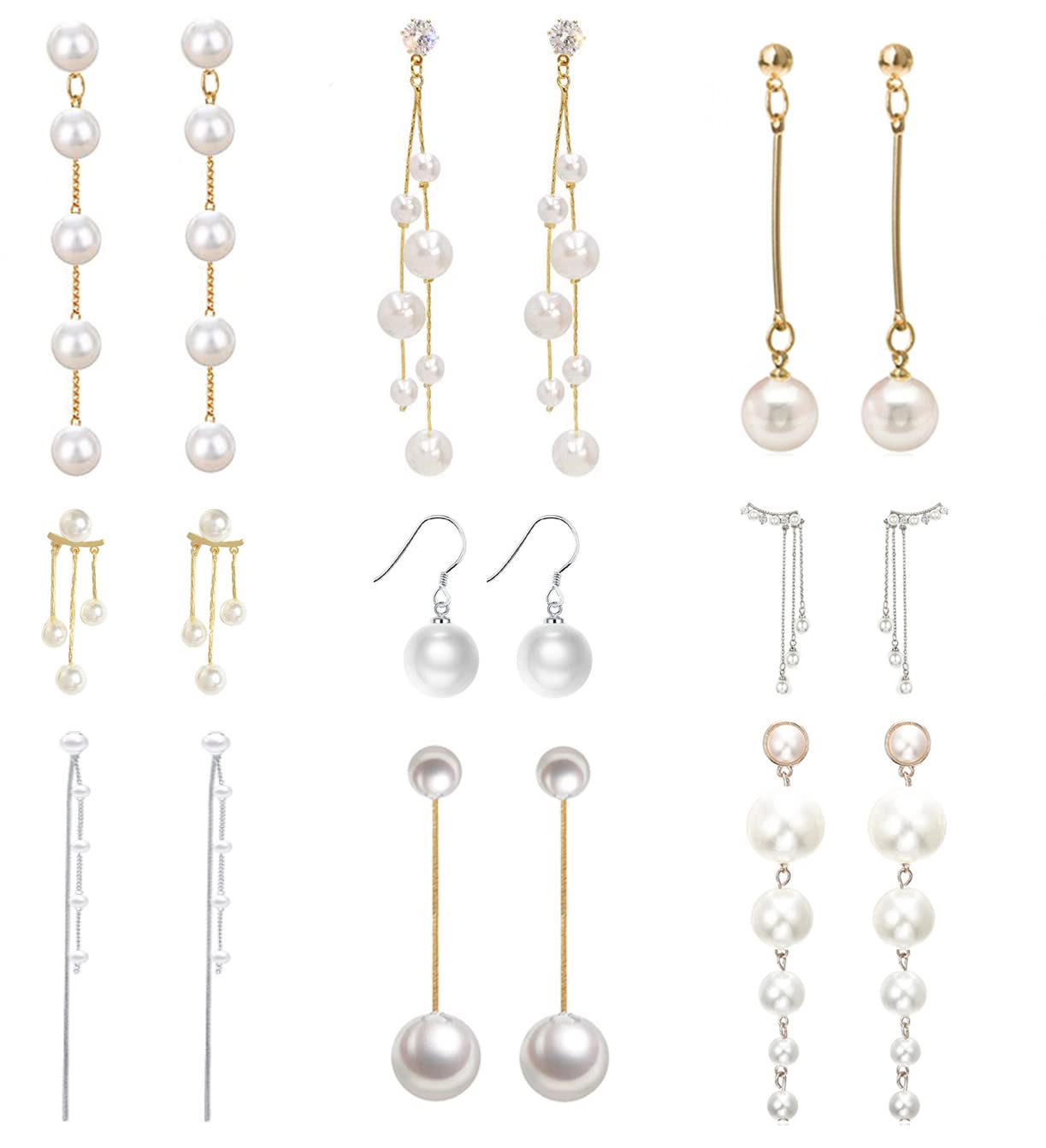 SAMOCO 9 Pairs Big Simulated Pearl Long Tassel Drop Earrings for Women Double Sided Front Back Pearl Earrings Cross Imitation Pearl Dangle Earrings