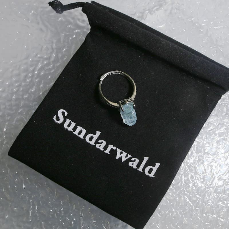 Sundarwald Small Aquamarine Raw Gemstone Varnished Brass Ring Adjustable for Women Men Unisex White Blue Stones Natural March Birthstone Slim Band Unique Simple Gifts