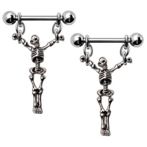 pierced owl 14ga 316l stainless steel skeleton dangling nipple barbells, sold as a pair