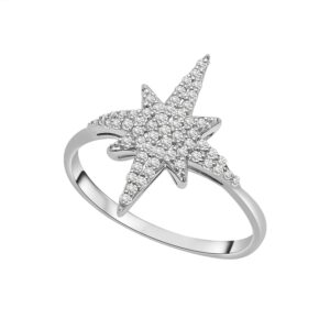 timeless love 1/4 ct diamond starburst ring set in polished sterling silver, star shaped 0.92"x0.70" ring, dainty jewelry for women, women’s fashion rings, diamond luxury rings for women, size 8