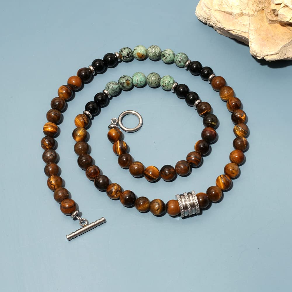 Hovaete 8mm Natural Stone Beads Short Necklace Stainless Steel Beaded Charm Choker Neck Chain Fashion Men and Women Jewelry 21.7 inch(55cm) (tiger eye+black onyx+African turquoise)