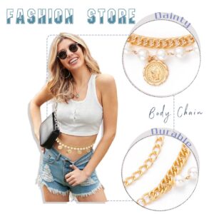 Pearl Tassel Belly Chain Retro Gold Coin Adjustable Chunky Body Chains Layered Nightclub Waist Chain Jewelry for Women & Girls, One size