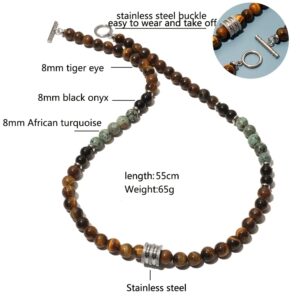 Hovaete 8mm Natural Stone Beads Short Necklace Stainless Steel Beaded Charm Choker Neck Chain Fashion Men and Women Jewelry 21.7 inch(55cm) (tiger eye+black onyx+African turquoise)