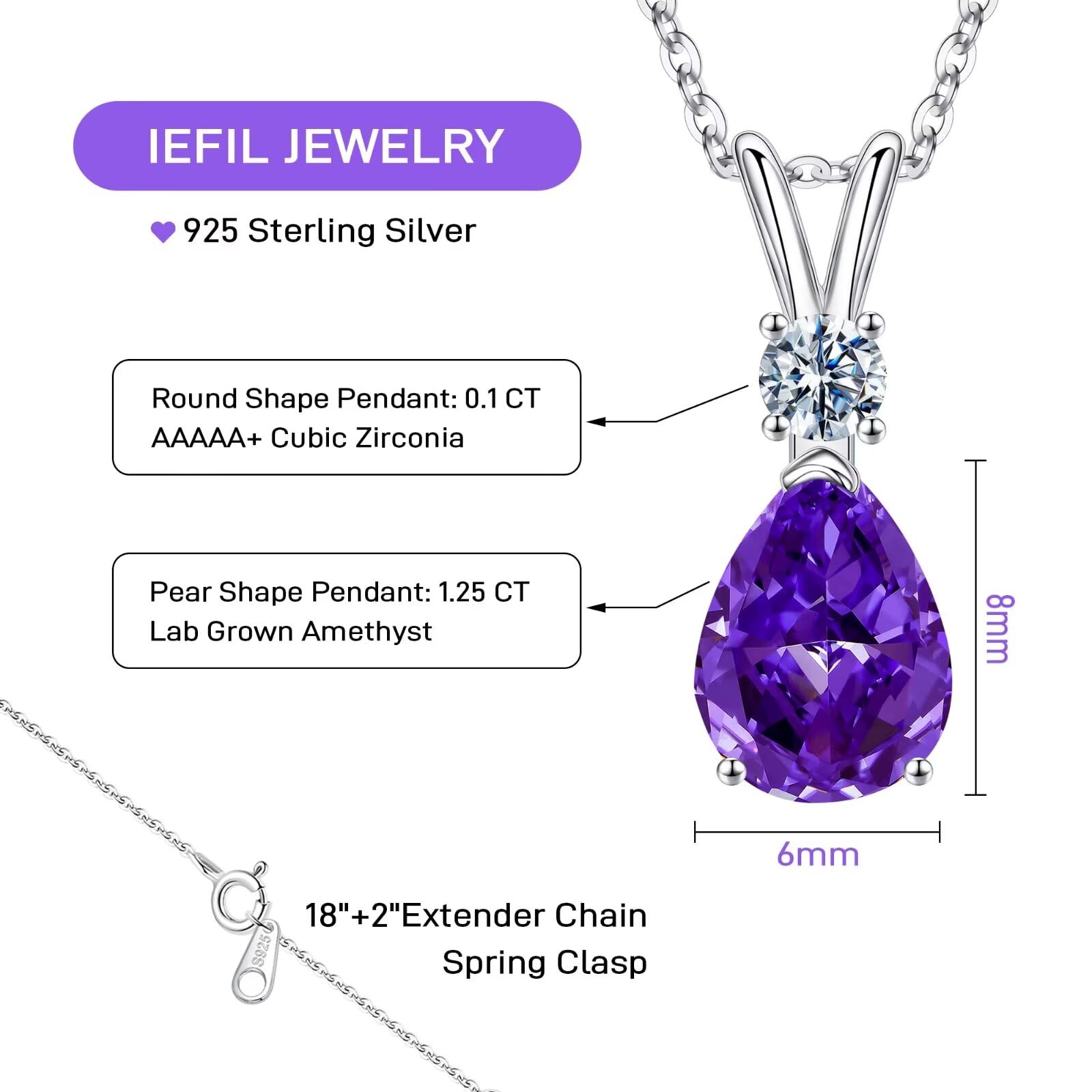 Iefil February Birthstone Necklaces for Women - Amethyst Necklace 18K White Gold Plated S925 Sterling Silver February Birthstone Jewelry for Women Mom Girlfriend Wife Birthday Gifts