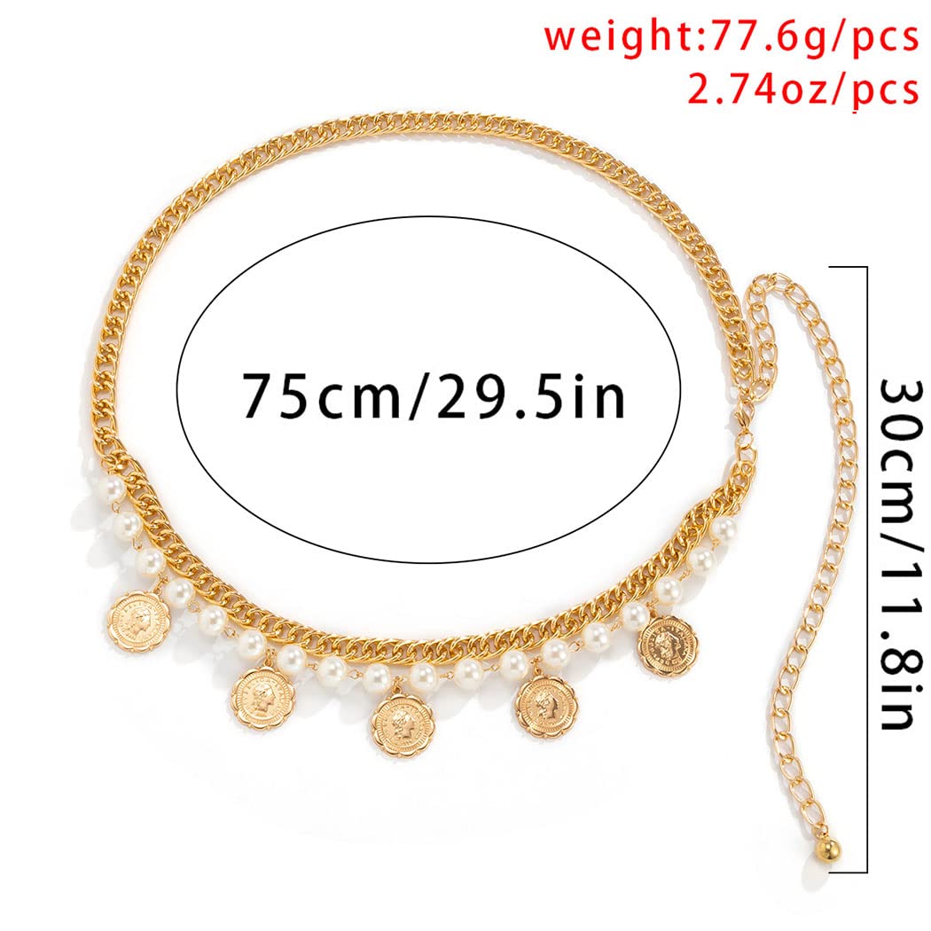 Pearl Tassel Belly Chain Retro Gold Coin Adjustable Chunky Body Chains Layered Nightclub Waist Chain Jewelry for Women & Girls, One size