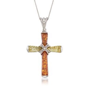 ross-simons two-tone amber cross pendant necklace in sterling silver. 18 inches