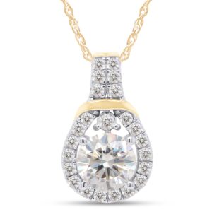 savearth diamonds 6.5mm center, round cut lab created moissanite diamond teardrop halo pendant necklace in 14k yellow gold over 925 sterling silver with 18" chain (vvs1 clarity, 1.20 cttw)