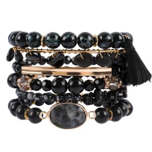 bohemian black stone beaded bracelet sets for women stackable natural stones stretch bracelets with charm and tassel, multilayered beads bracelets with gold bangle boho jewelry, black snowflake stone