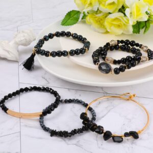 Bohemian Black Stone Beaded Bracelet Sets for Women Stackable Natural Stones Stretch Bracelets with Charm and Tassel, Multilayered Beads Bracelets with Gold Bangle Boho Jewelry, Black Snowflake Stone