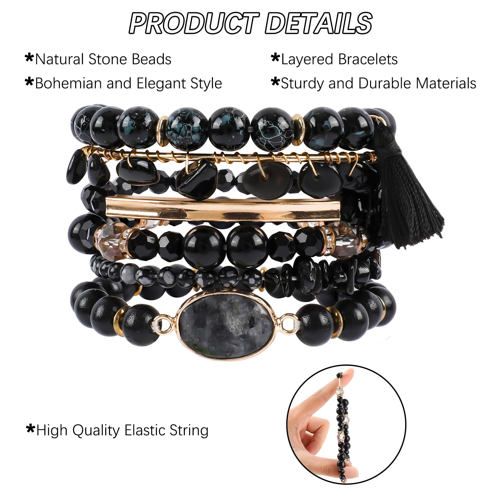 Bohemian Black Stone Beaded Bracelet Sets for Women Stackable Natural Stones Stretch Bracelets with Charm and Tassel, Multilayered Beads Bracelets with Gold Bangle Boho Jewelry, Black Snowflake Stone