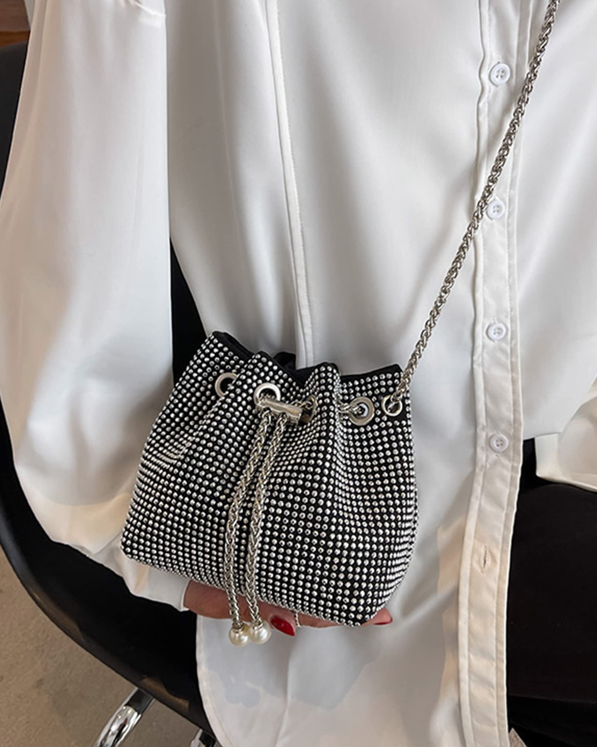 Hyuyikuwol Women Rhinestones Crystal Clutch Drawstring Bucket Bag Mini Evening Bags Crossbody Purses Pearl Party Prom Wedding, Silver