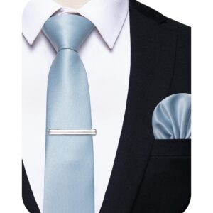 YourTies Mens Ties with Pocket Square Tie Clip Set Solid Satin Sky Blue Skinny Neckties for Men Wedding Party Business