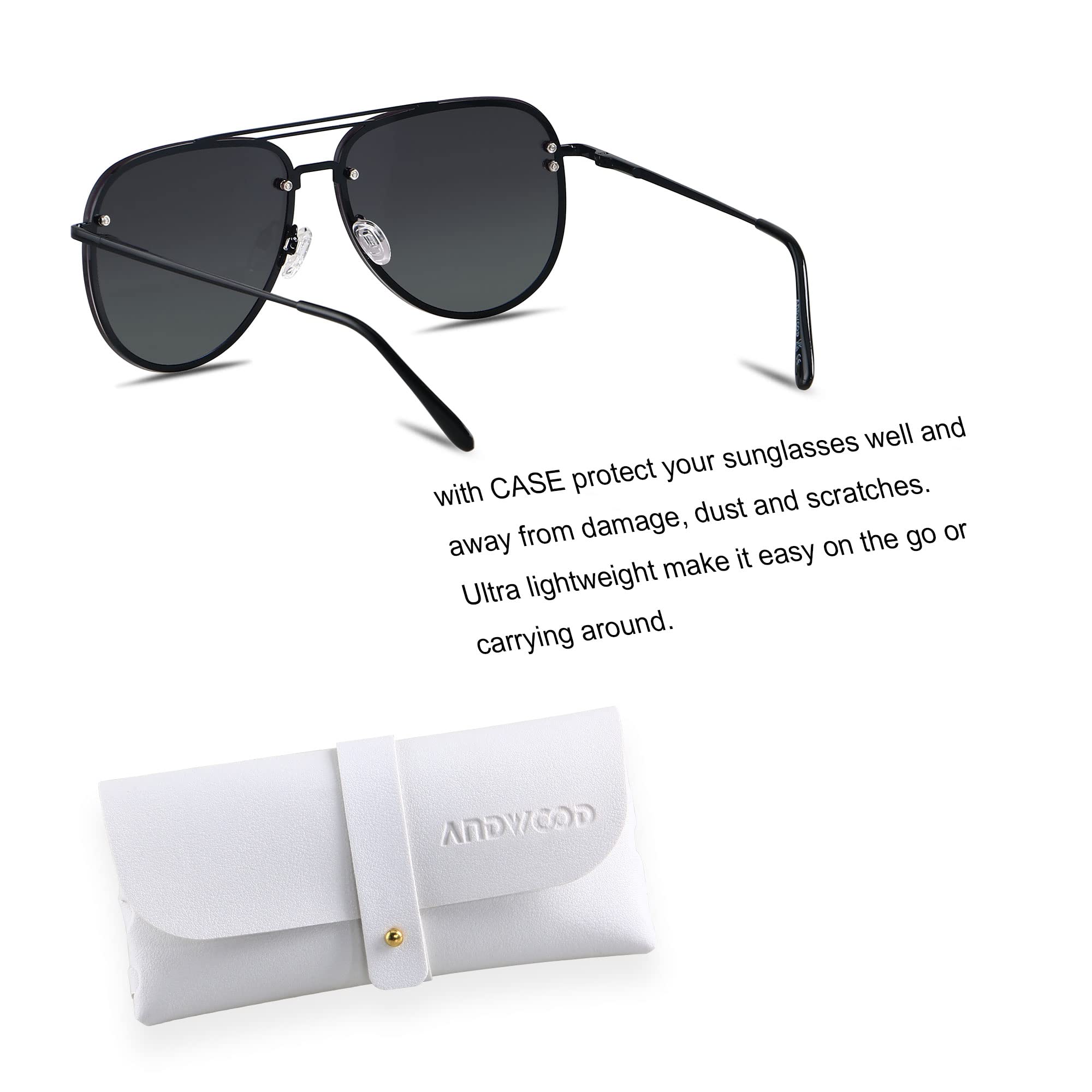 ANDWOOD Oversized Aviator Sunglasses for Women Men Big Large Rimless Metal Frame with Spring Hinges Sun glasses Polarized Black Shades