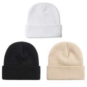 npqquan 3 packs unisex beanie hats for men women winter knit beanies black+white+darkbeige