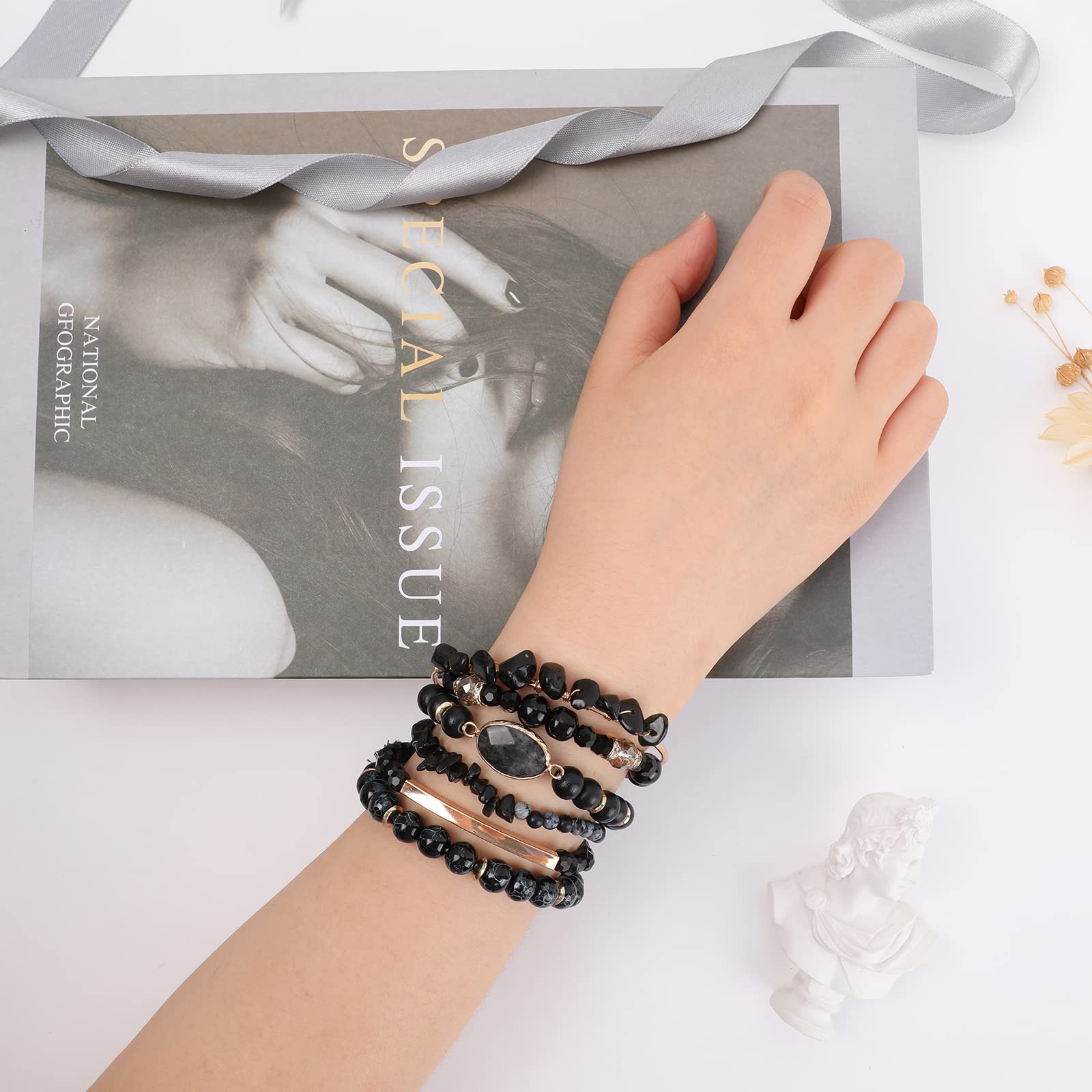 Bohemian Black Stone Beaded Bracelet Sets for Women Stackable Natural Stones Stretch Bracelets with Charm and Tassel, Multilayered Beads Bracelets with Gold Bangle Boho Jewelry, Black Snowflake Stone