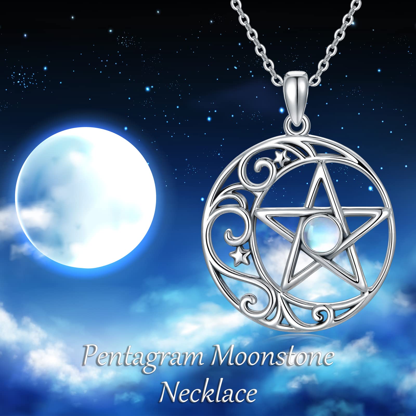 URONE Pentagram Crescent Moon Necklace Sterling Silver Pentacle Moonstone Pendant Wicca Jewelry for Women