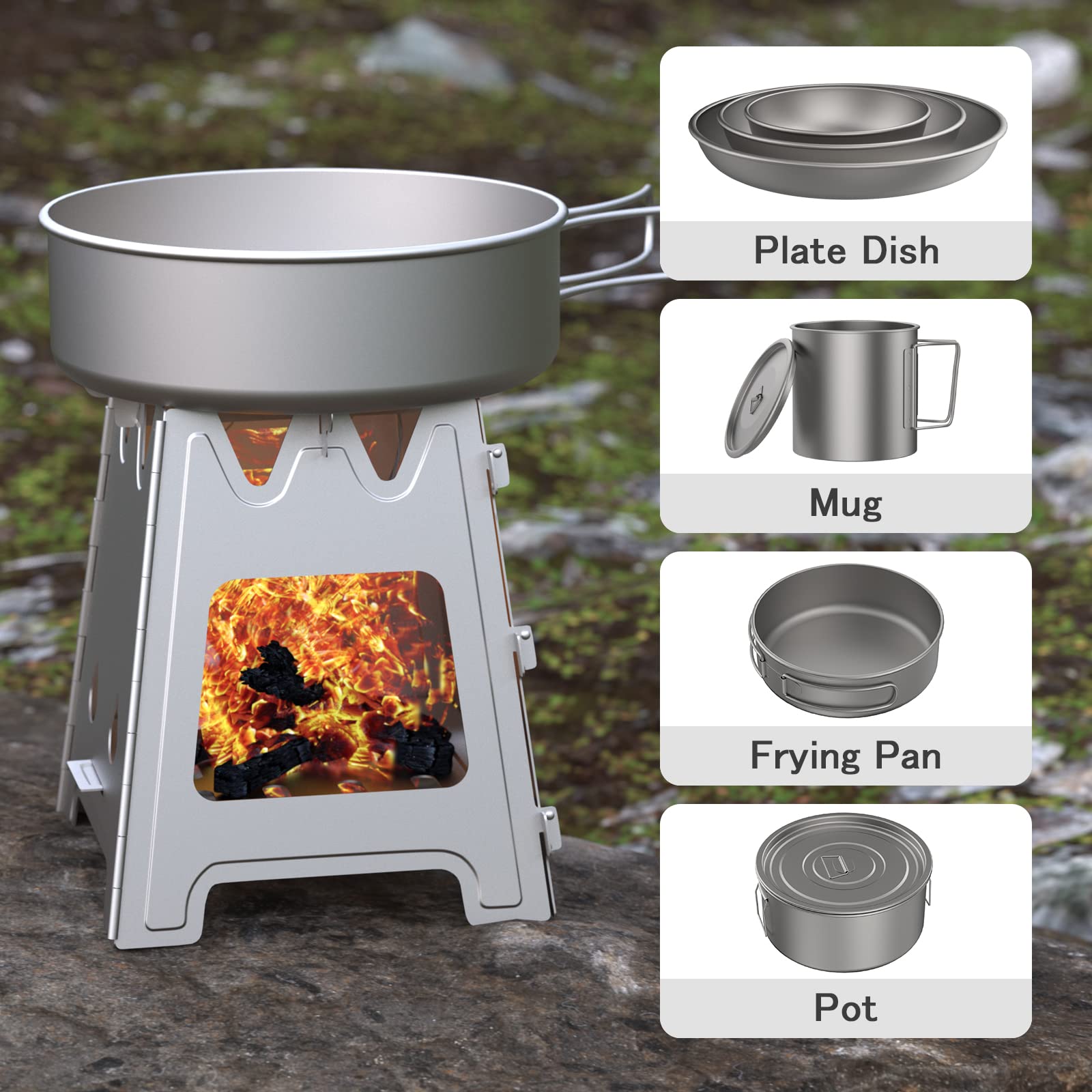 Titanium Wood Burning Stove, Open Fire Stove Ultra Lightweight Portable Backpacking Camping Stove With Cross Stand for Outdoor Hiking Traveling Picnic BBQ