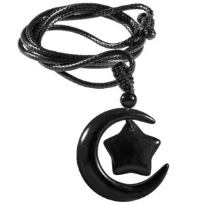 sunyik natural black obsidian crescent moon star crystal necklace for women men, healing crystal stone amulet lucky charm pendant for unisex