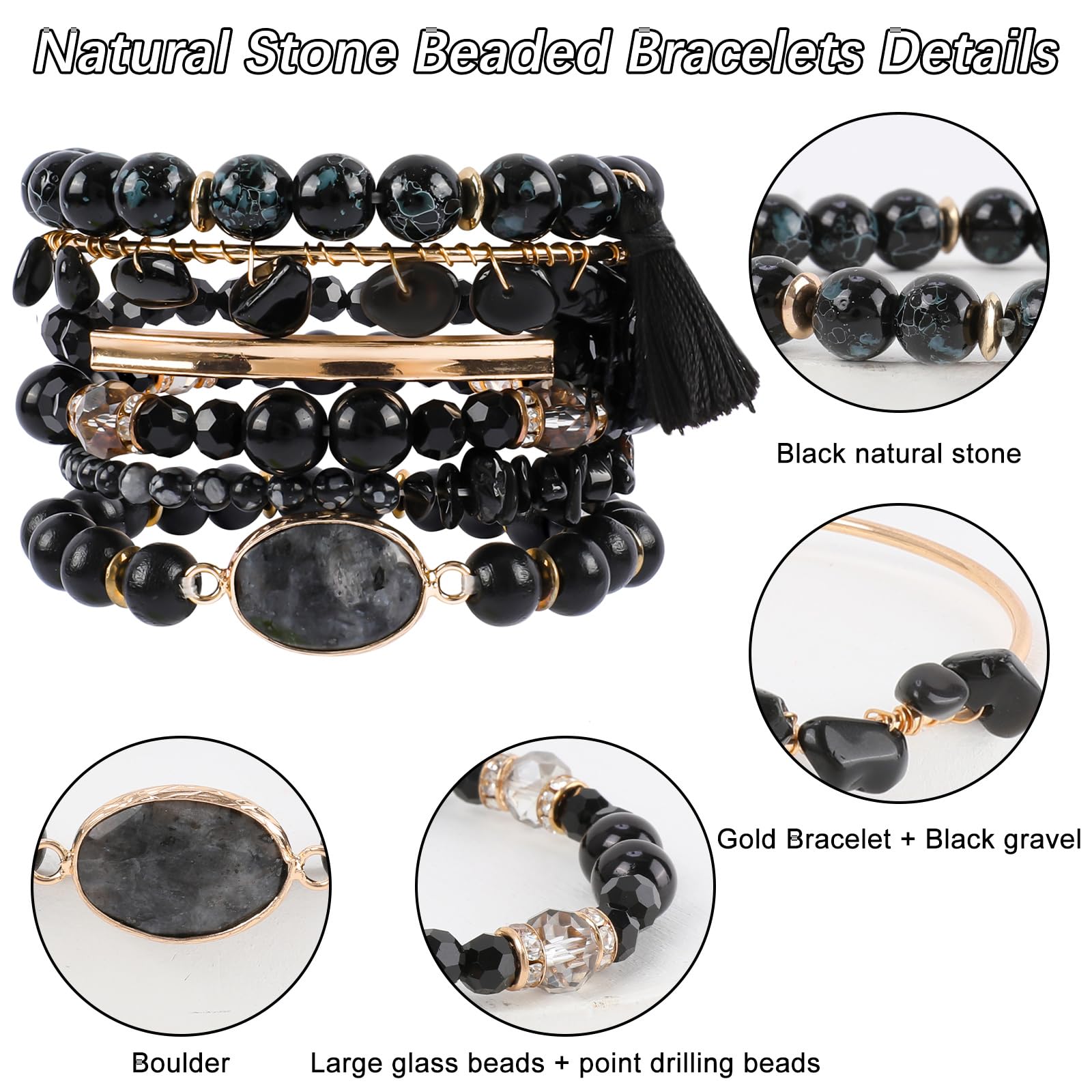 Bohemian Black Stone Beaded Bracelet Sets for Women Stackable Natural Stones Stretch Bracelets with Charm and Tassel, Multilayered Beads Bracelets with Gold Bangle Boho Jewelry, Black Snowflake Stone