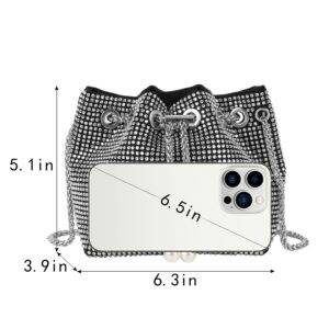 Hyuyikuwol Women Rhinestones Crystal Clutch Drawstring Bucket Bag Mini Evening Bags Crossbody Purses Pearl Party Prom Wedding, Silver