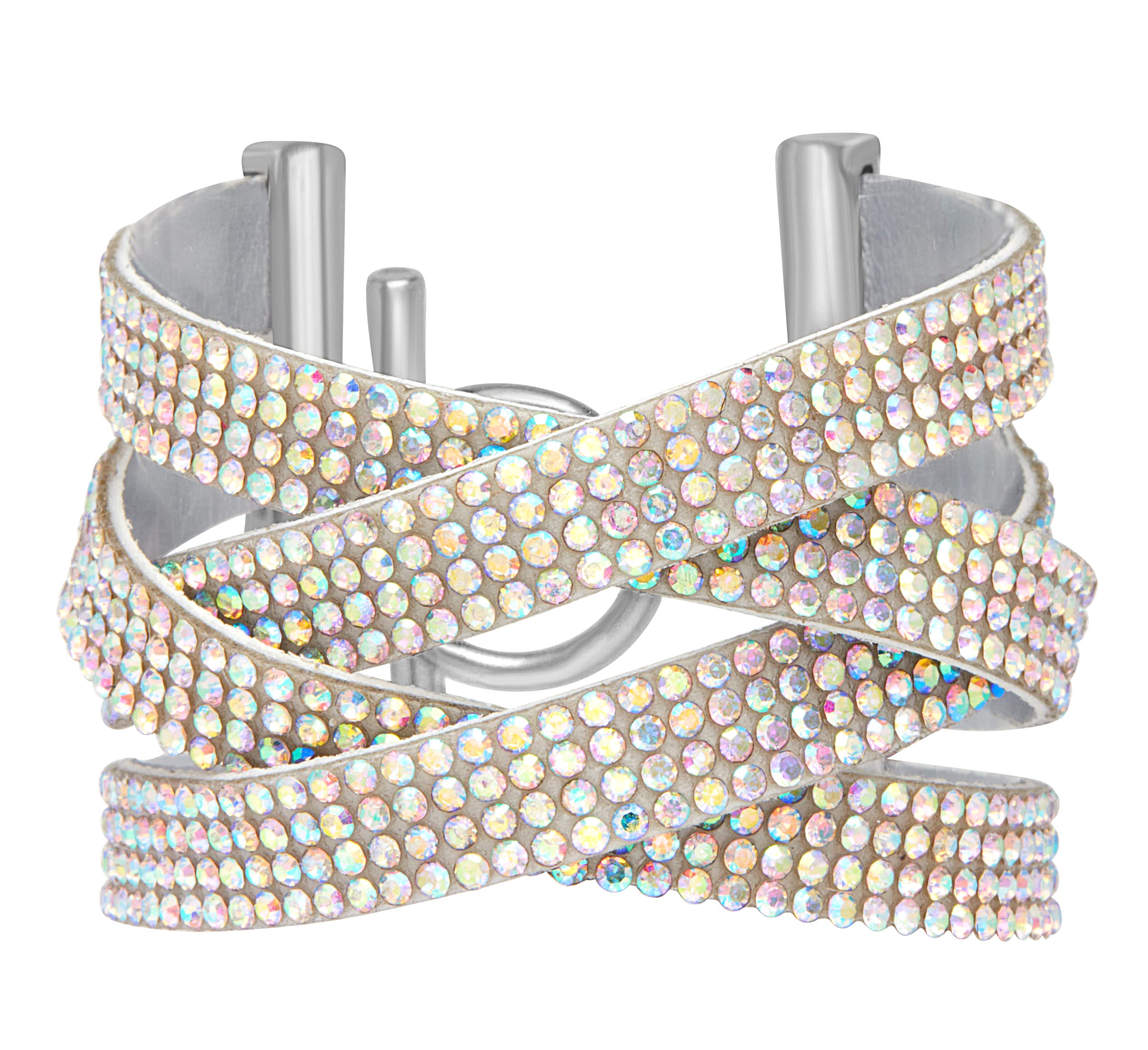 Badgley Mischka Women's Bracelet - Layered Multi Strand Crystal Crossover Toggle Open Cuff Bangle Bracelet, Rainbow Rhinestone