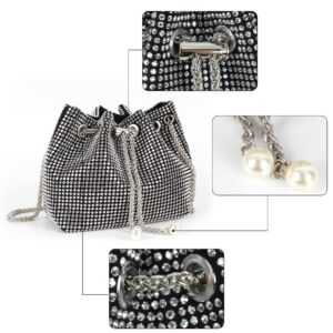 Hyuyikuwol Women Rhinestones Crystal Clutch Drawstring Bucket Bag Mini Evening Bags Crossbody Purses Pearl Party Prom Wedding, Silver