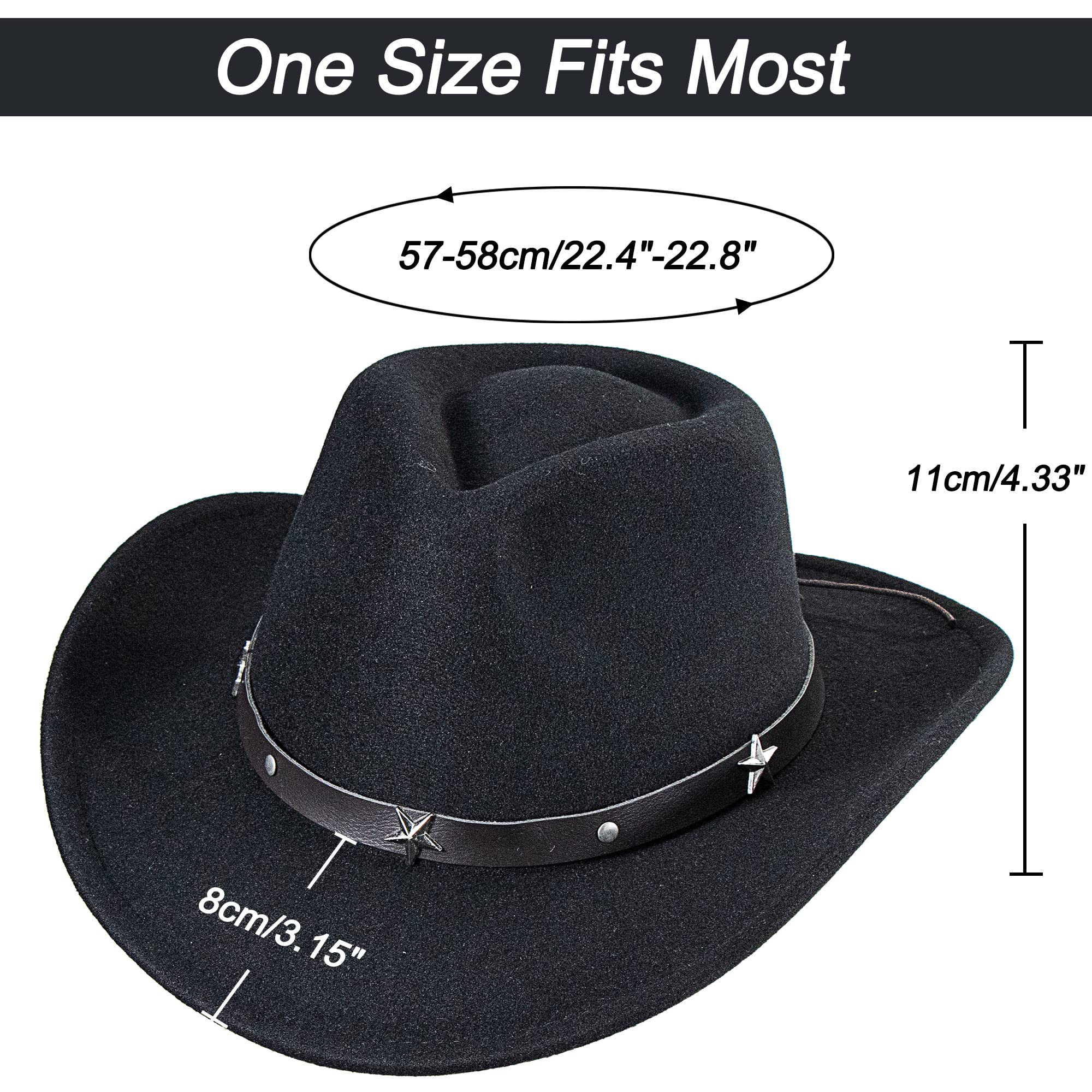 Western Cowboy Hat for Men Women Classic Fedora Hat with Buckle Belt Size:M-L (US, Alpha, Medium, Black)