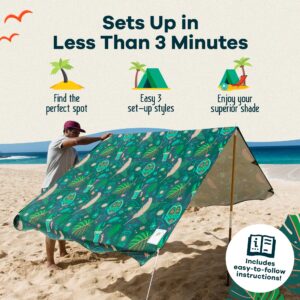 Moku Beach Co UPF 50+ Portable Beach Canopy Tent Set - 3-Step Assembly, Jungala Print - Includes Bag, Poles, Stakes & Hammer - Ideal Sun Shade for Beach, Easy and Convenient