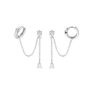 sluynz 925 sterling silver double piercing earrings huggie cuff droplet chain for women teens double holes dangle earrings cartilage helix piercing earrings chain (a-silver)