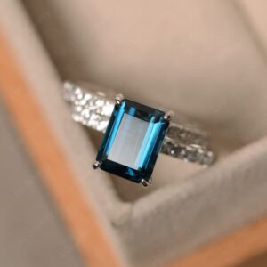 LUO 925 Sterling Silver Wedding Band Emerald Cut Bridal Rings Sets London Blue Topaz Solitaire Promise Engagement Rings for Women US Size 7