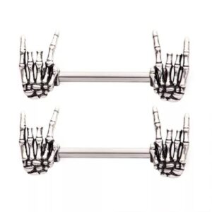 pierced owl 14ga 316l stainless steel skeleton hand nipple barbells, sold as a pair