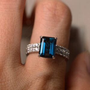 LUO 925 Sterling Silver Wedding Band Emerald Cut Bridal Rings Sets London Blue Topaz Solitaire Promise Engagement Rings for Women US Size 7